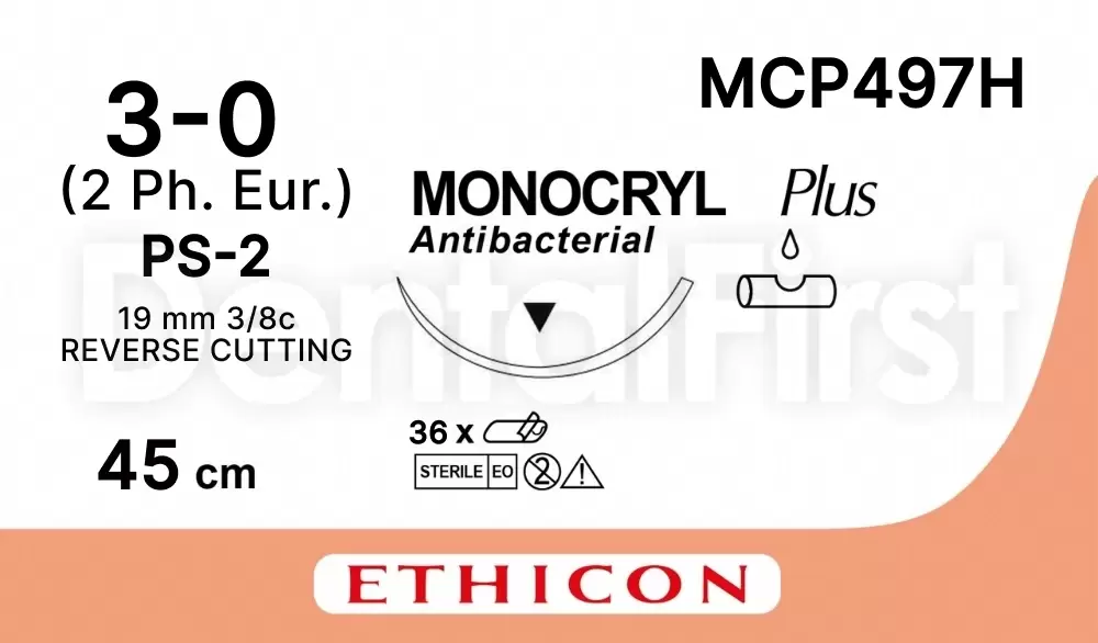 MCP497H Монокрил Плюс (3/0, 45 см, н/окр. Прайм обр.-реж. 19 мм, 3/8 ...